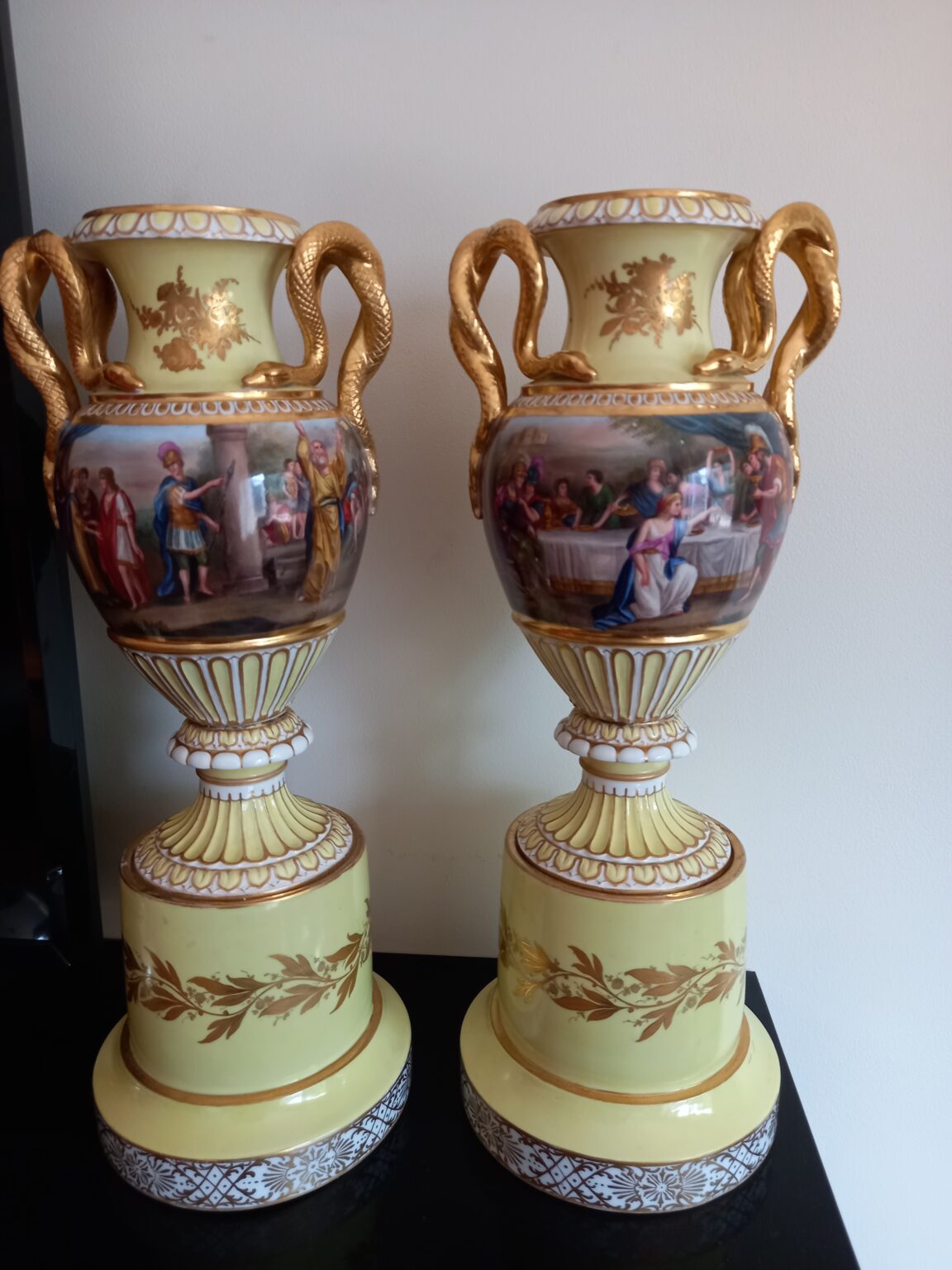 19th Century Vienna style 2 handled urns with snakes handles 16 ins ...